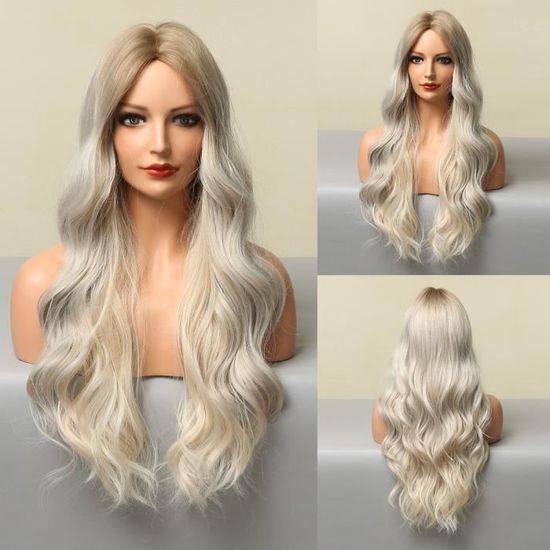 Perruque synthétique longue et ondulée blond clair ombré platine pour ...