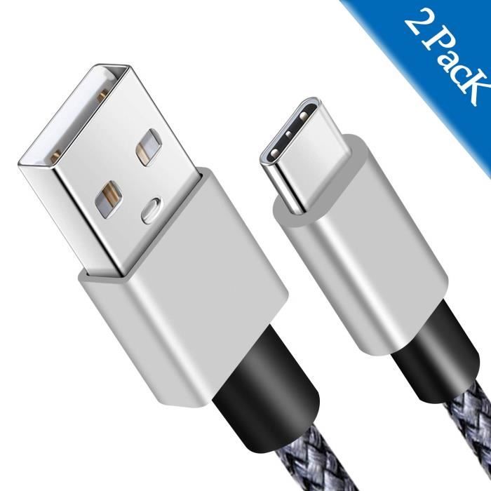Câble USB de type C, gris, (2M 2M), long cordon tressé en nylon Cordon ...