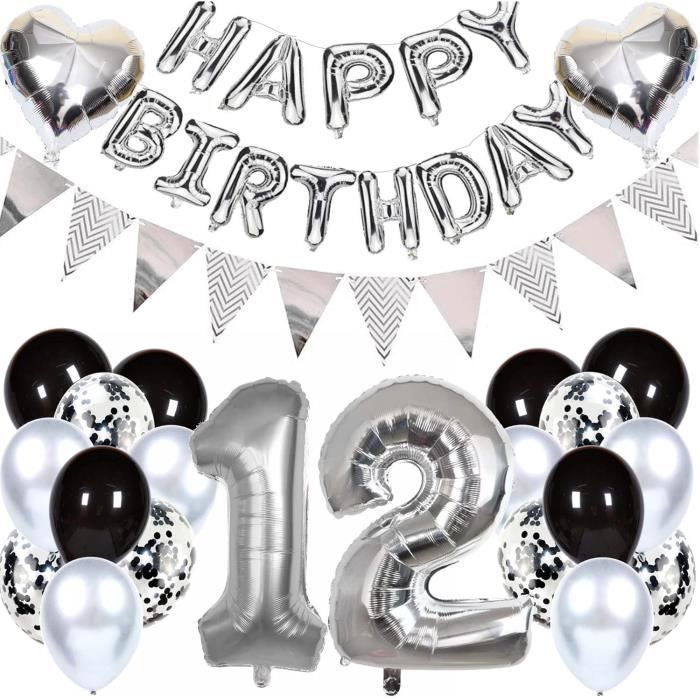 Decoration Anniversaire 12 Ans Fille Garçon, Noir Et Argent Ballon ...