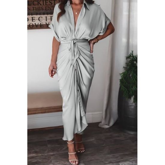 Robe longue froncée en Satin pour femmes - Gris clair Blanc - Cdiscount Prêt-à-Porter