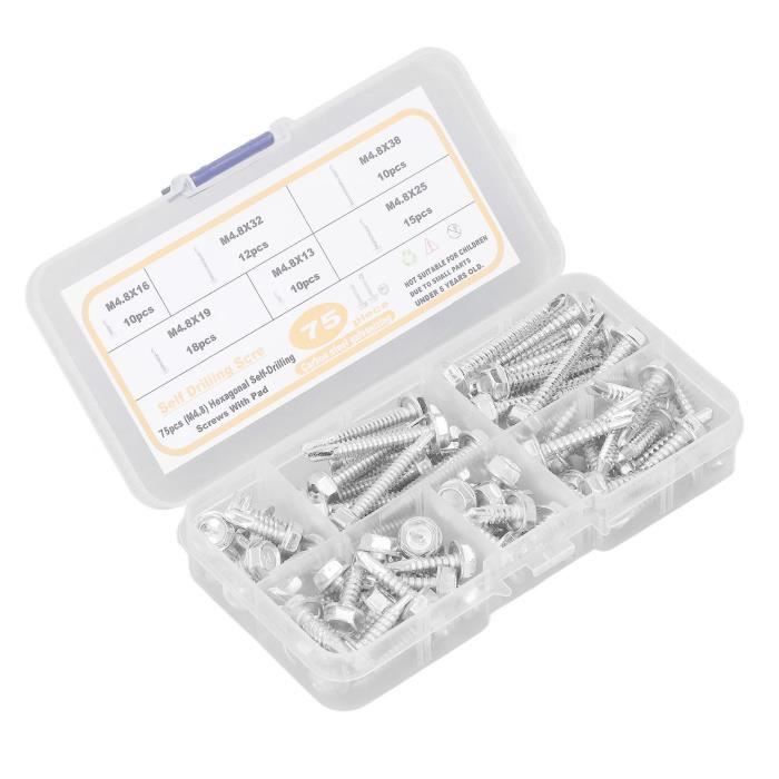 Sonew Kit d'assortiment de vis à tôle 75 pièces vis autoperceuses en acier au carbone rondelle ...