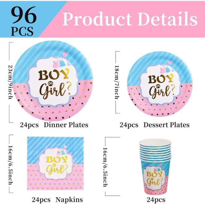 Bleu Et Rose Gender Reveal Vaisselle, 96Pcs Baby Shower Assiette Kit ...