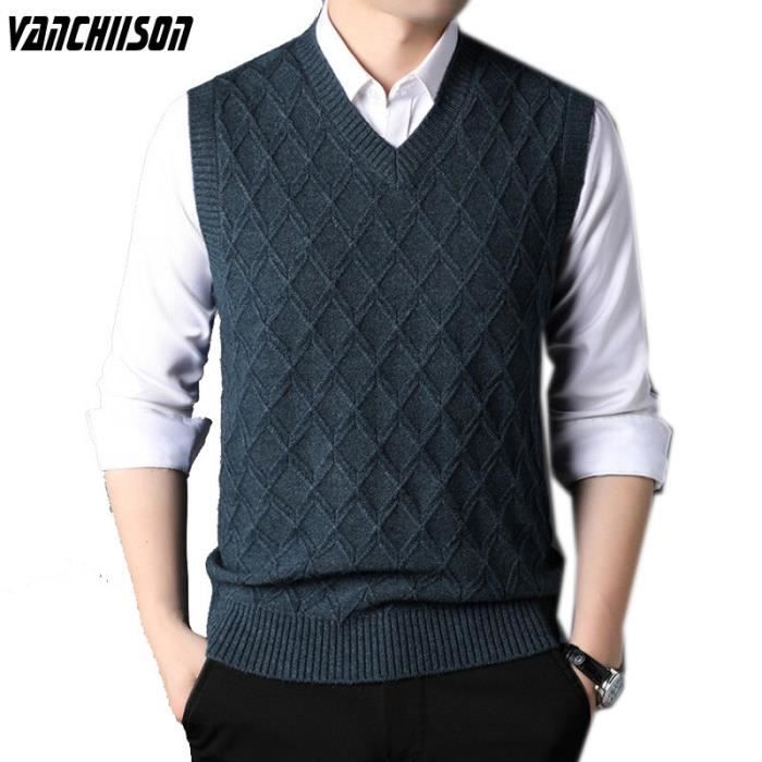 Pull-over en laine sans manches avec col en V pour homme,vêtement de ...
