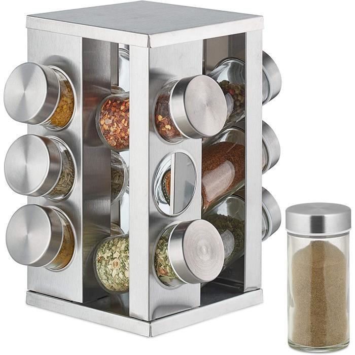 Tourniquet à épices, avec 12 Pots, étagère rotative à 360°, INOX, Verre ...