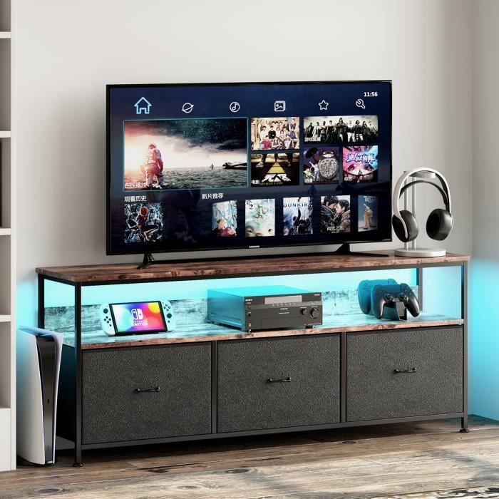 Meuble TV 108x30x57 cm, LED table TV avec 3 tiroirs en tissu et 2 ...