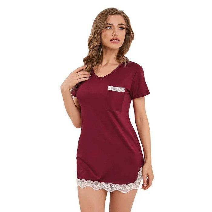 Pyjama,Mini robe de nuit en dentelle Patchwork pour femmes,couleur unie ...