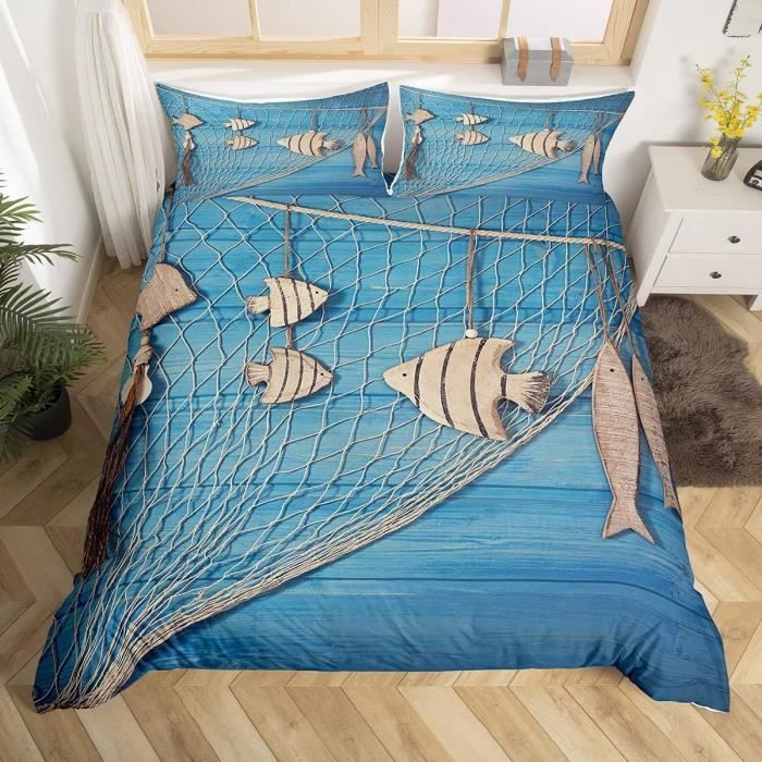 Ocean Theme Parure De Lit 200X200Cm Bleu En Bois Poisson Housse De ...