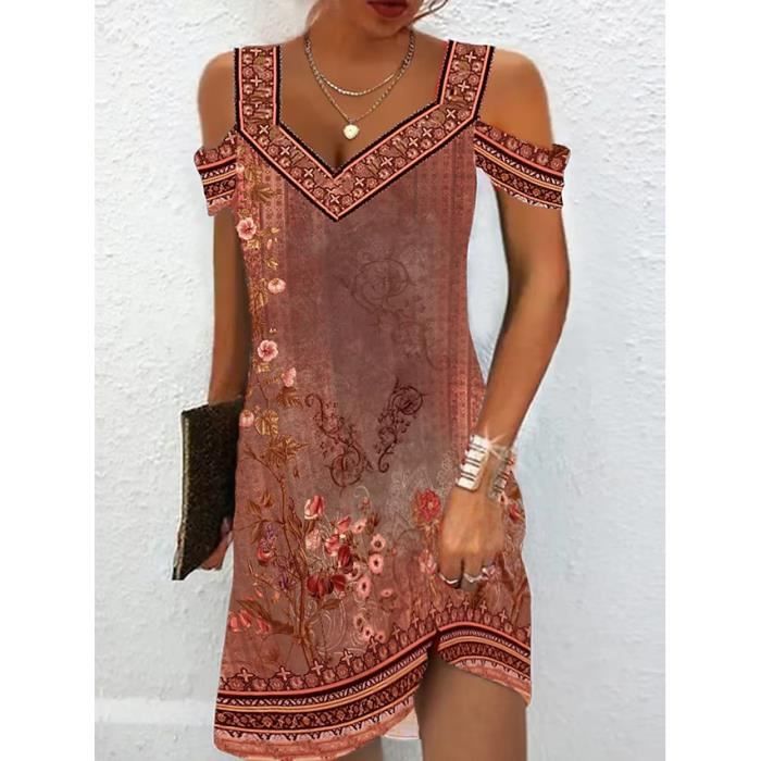 Robe Femmes Chic Imprime Manche Courte Dentelle Dress Sexy Épaules