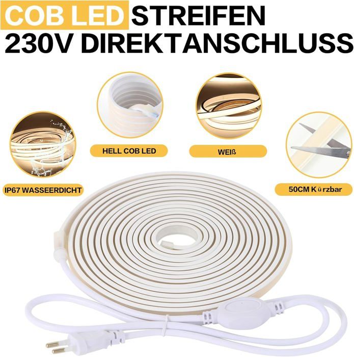 Ruban LED 220V sans Transformateur Exterieur IP67 Etanche 3M Blanc ...