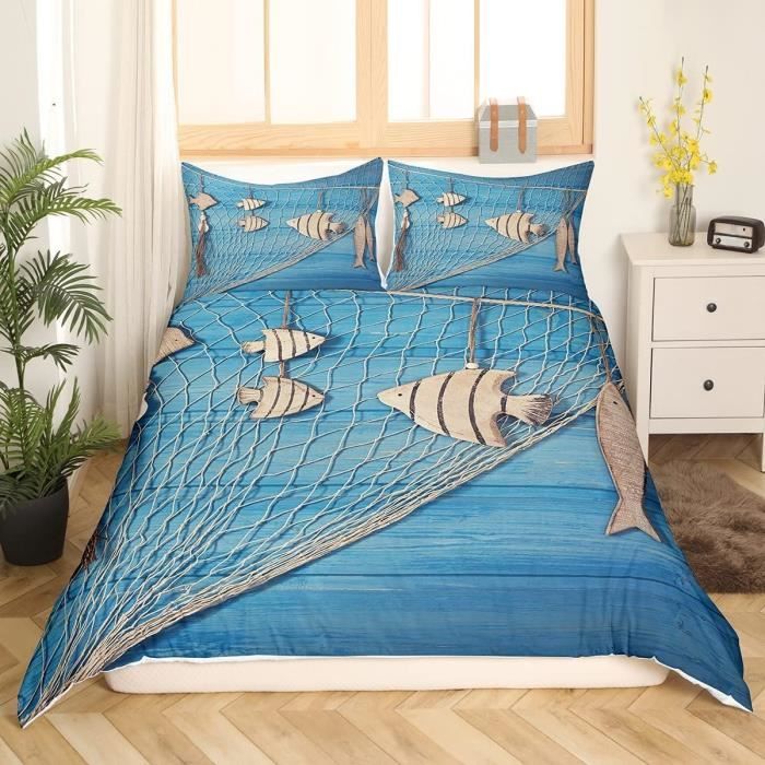 Ocean Theme Parure De Lit 200X200Cm Bleu En Bois Poisson Housse De ...