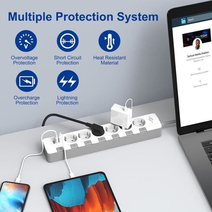 Multiprise Electrique (4000W-16A), Multiprise Parafoudre 500J Avec ...