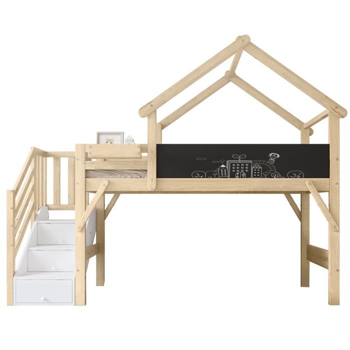 Lit Mezzanine Design Toit 90x200 cm Pin MDF Protection Escalier 3 ...