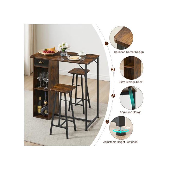 Table de bar, avec tabourets de bar, en bois, avec 2 chaises, table ...