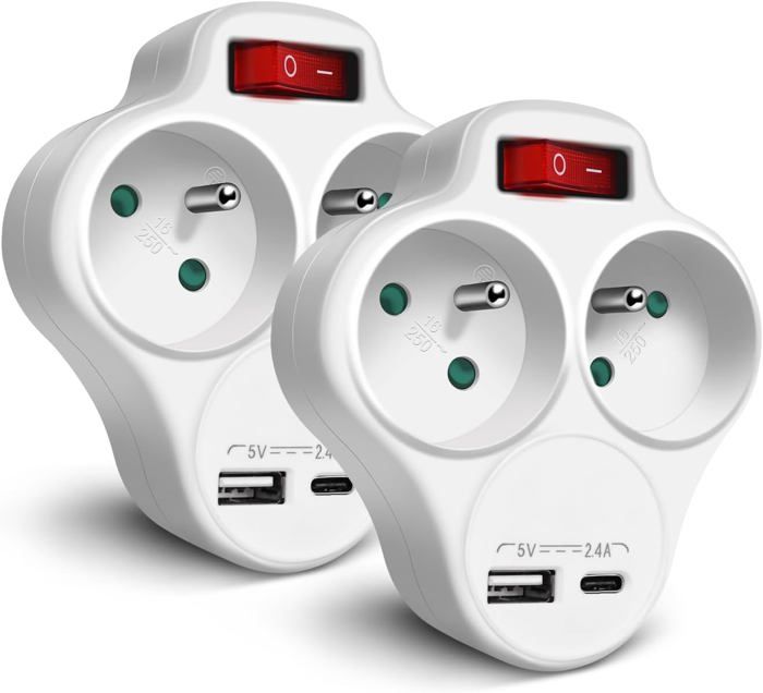 Adapteur Fiche Multiprise Biplite avec Interrupteur pour façade,2 Prise ...