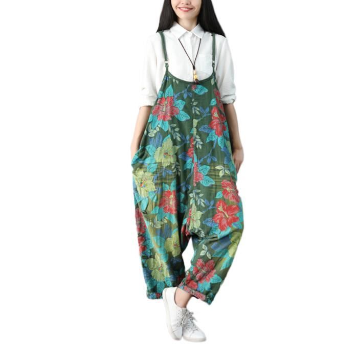 Femme Combinaison Coton Imprimée Réglable Été Casual Jumpsuit Vintage ...