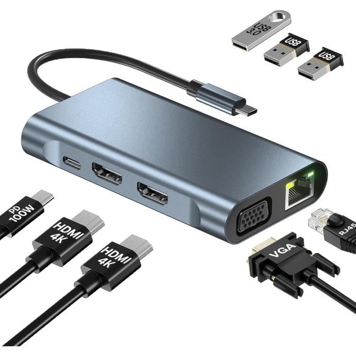 USB-C à Dual HDMI Hub - Hub USB 8-en-1 et Adaptateur PD 100W Station d ...