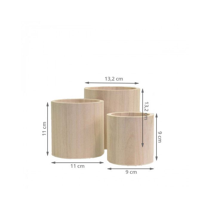 Set de 3 Pots Ronds - Cache Pot en Bois - ARTEMIO - Beige - Rond - Bois ...
