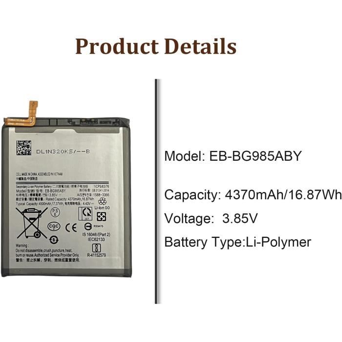 Batterie De Rechange Eb-Bg985Aby Compatible Avec Samsung Galaxy S20 ...