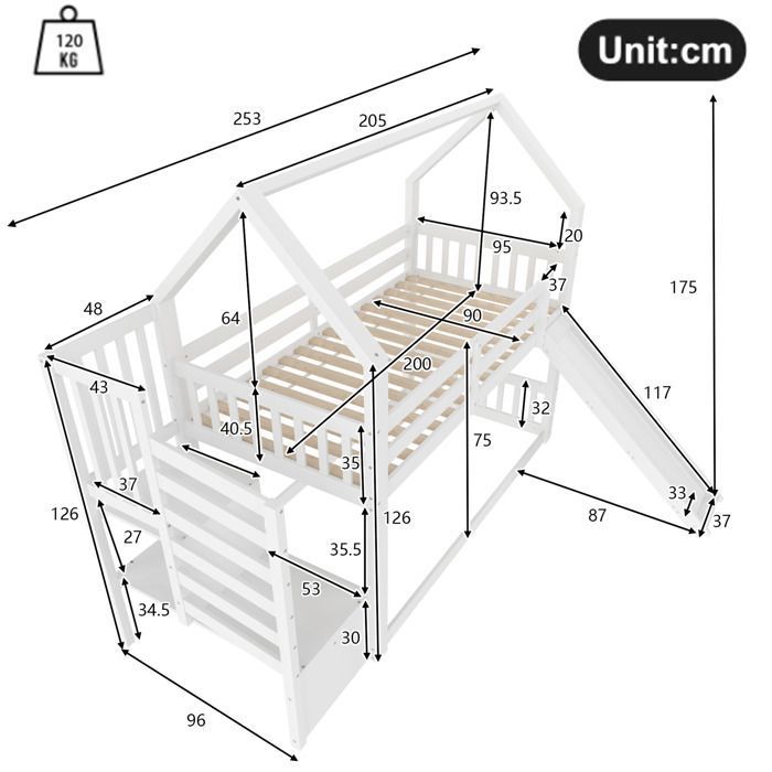 Lit Superposé cabane 90x200 cm - Lit Enfant - Escalier de Rangement ...