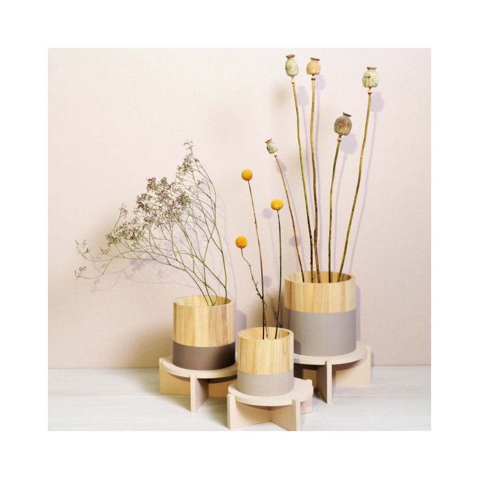 Set de 3 Pots Ronds - Cache Pot en Bois - ARTEMIO - Beige - Rond - Bois ...