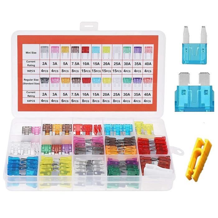 Lot de 160 fusibles pour voiture, 96 mini fusibles à lame + 64 fusibles standards + 1 extracteur ...