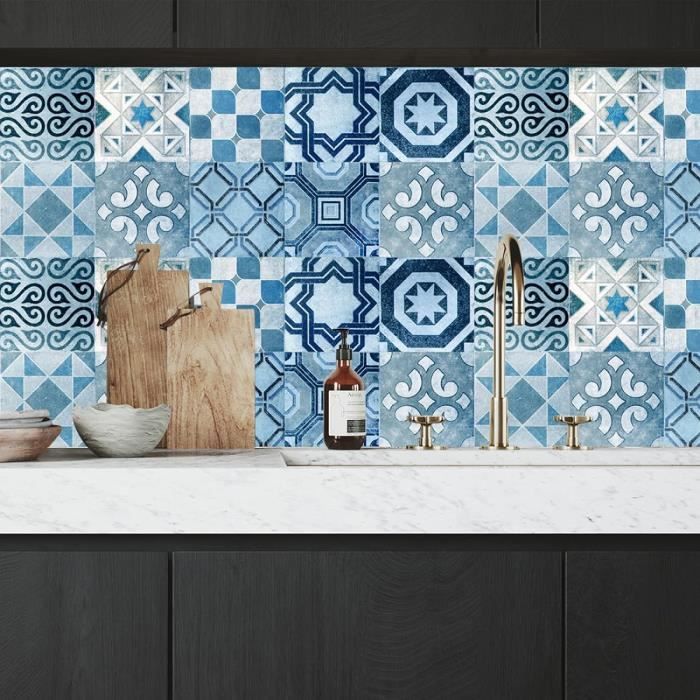 Dalle Pvc Adhesive Murale 10X10 Géométrie Bleue Stickers Cuisine ...