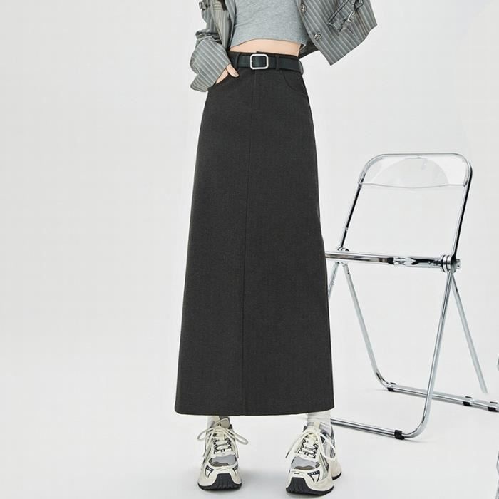 Jupe mi-longue en laine pour femme - VITATA - Automne et hiver - Gris - Taille haute - Fendue au ...