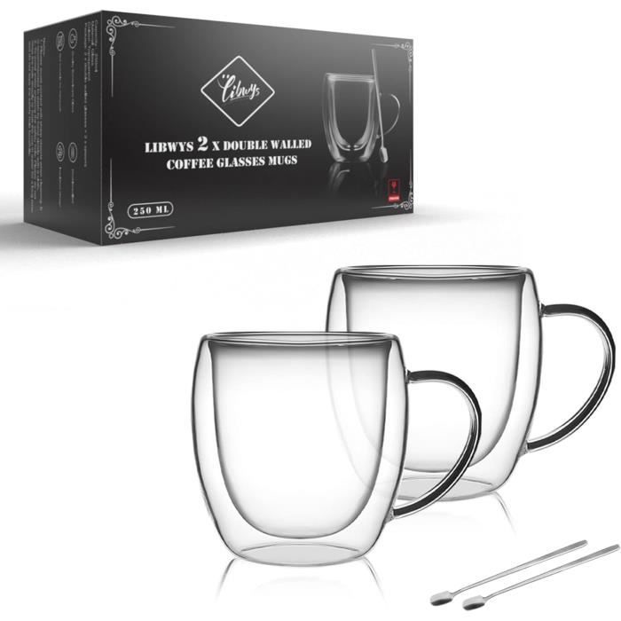 Lot De 2 Tasses À Café En Verre À Double Paroi Avec 2 Cuillères, 250 Ml, Tasses À Thé Cappuccino ...