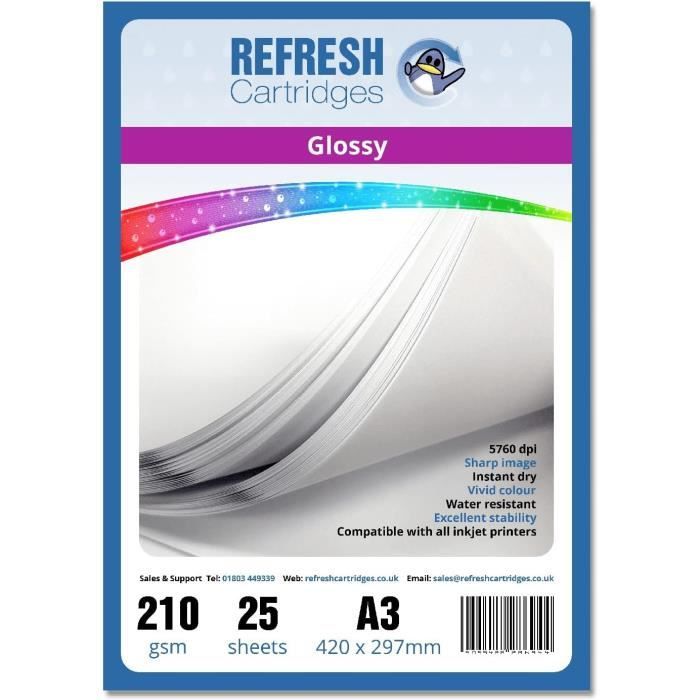 Refresh Cartridges Papier photo jet d'encre A3 couché brillant 210 g-m2 - 25 feuilles302 ...