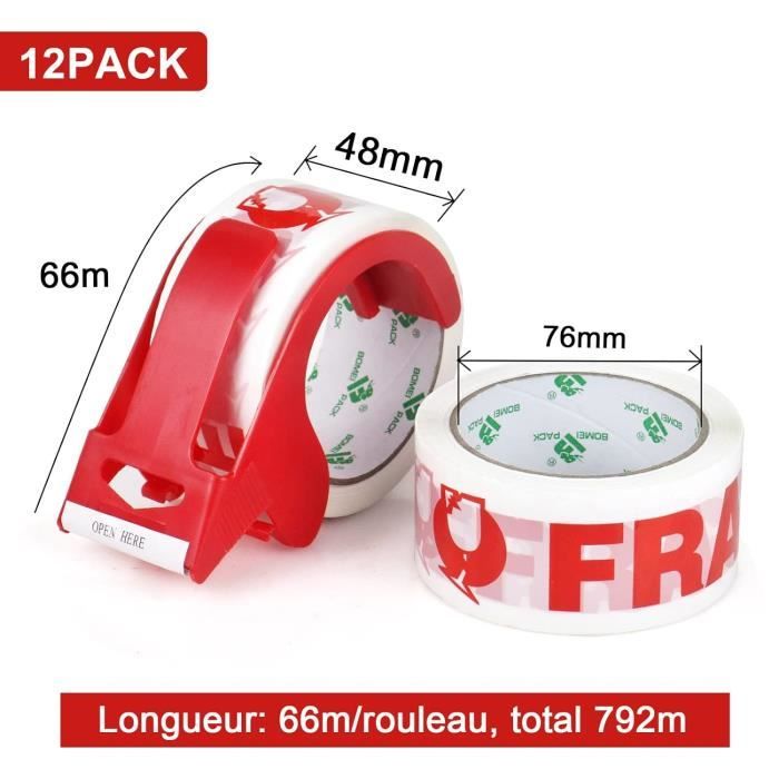 BOMEI PACK FRAGILE 48 mm x 66 m ruban adhésif d'emballage pour colis et ...