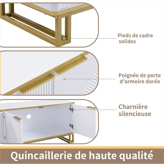 Meuble TV bas MDF blanc, design géométrique doré 160 cm, 4 portes ...