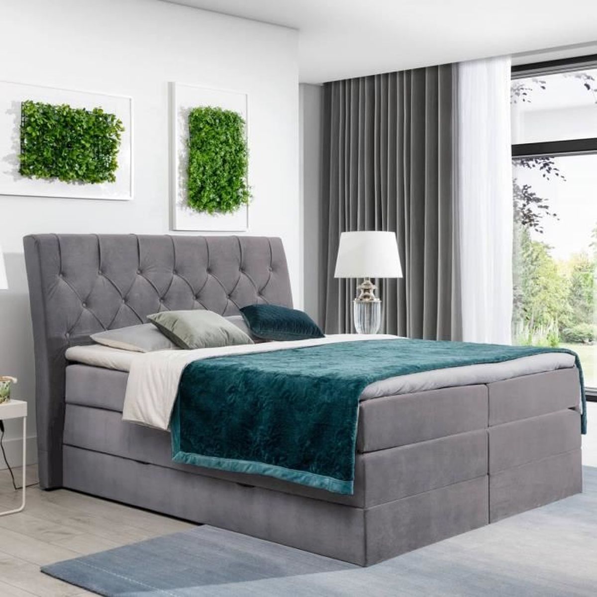 MATEO - Lit boxspring 180x200 avec coffre de rangement en velours gris ...