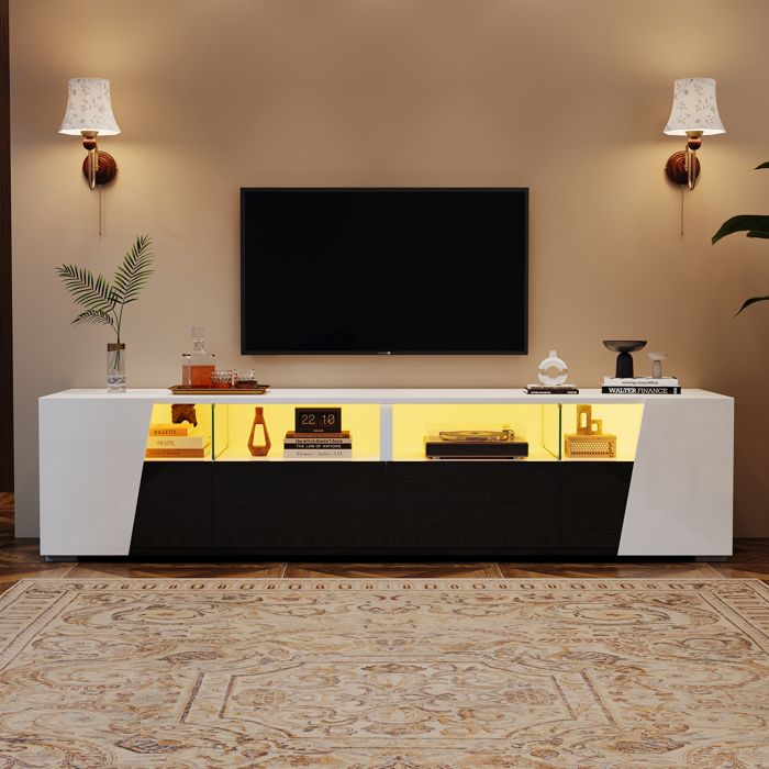 Meuble TV Bas Moderne 180 cm Blanc et Noir avec LED, Meuble TV Design ...