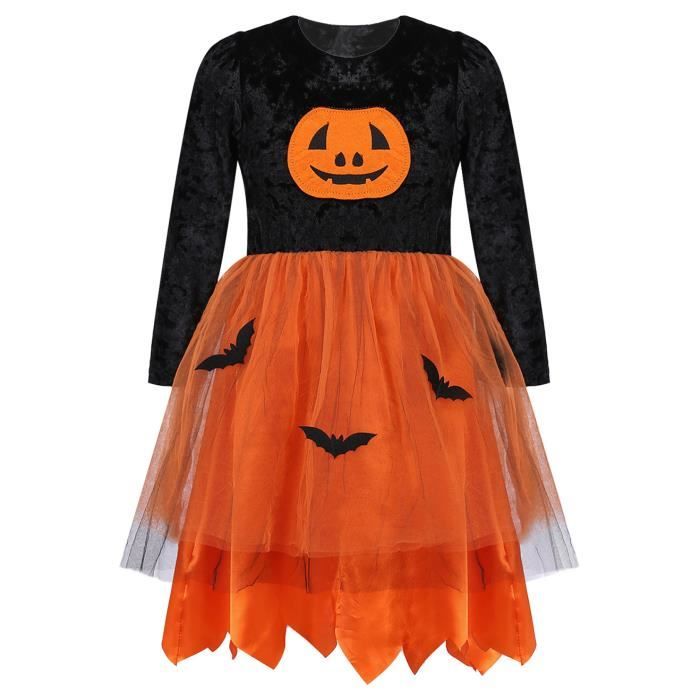 Inlzdz Enfant Fille Robe Sorcière Costume Citrouille Halloween Soirée
