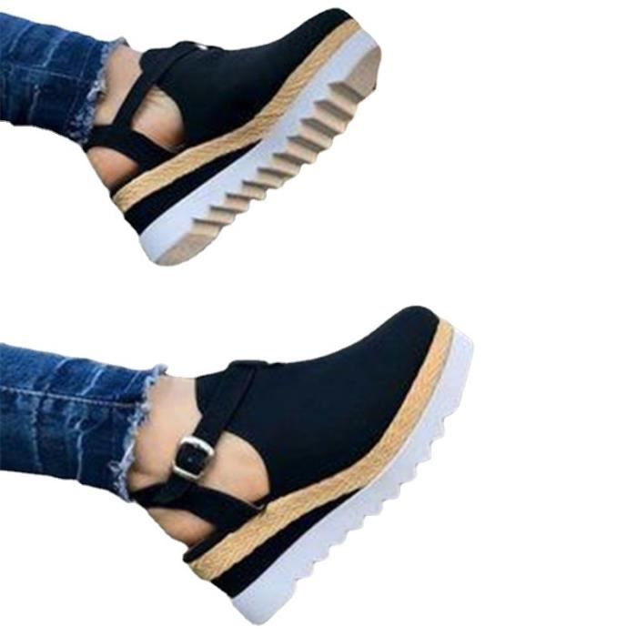 Sandales compensées femme - KJEHOME - Noir - Talon compensé - Boucle de ...