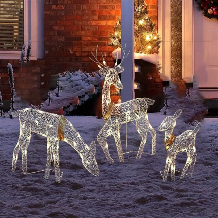3pcs Ensemble de famille de cerfs de Noël illuminé Décoration de patio ...