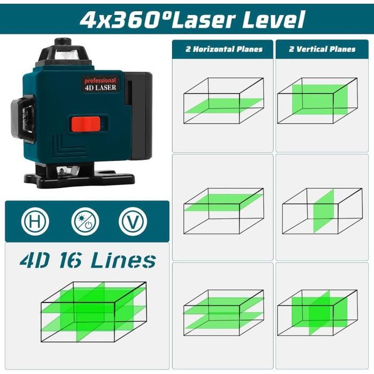 Niveau Laser 4 x 360°,4D 16 Lignes Laser Chantier Horizontal Vertical d ...