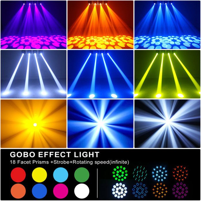 UKing 200W DJ Lyre LED Beam 8 GOBO 18 Prisme DMX - PACK DE 4 Jeux de ...