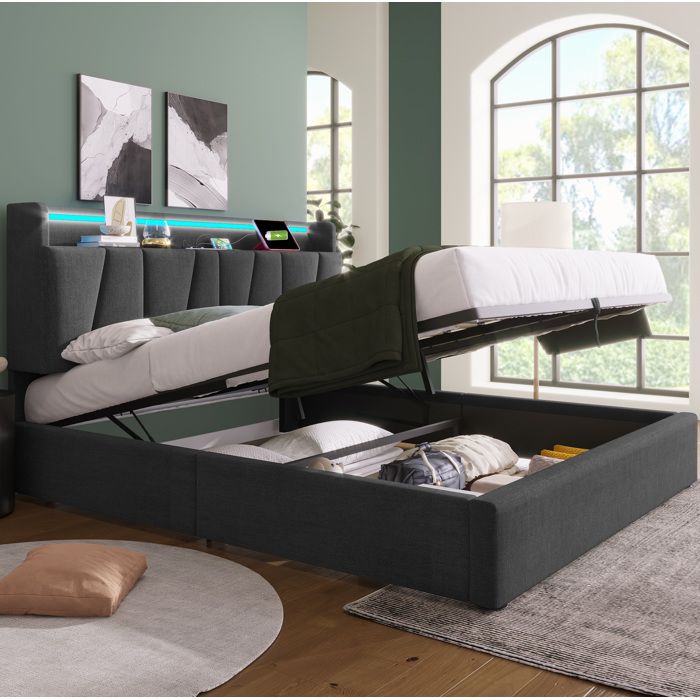 HOMVRA Lit Adulte 140x200 cm, Lit Double avec Coffre, USB et LED ...