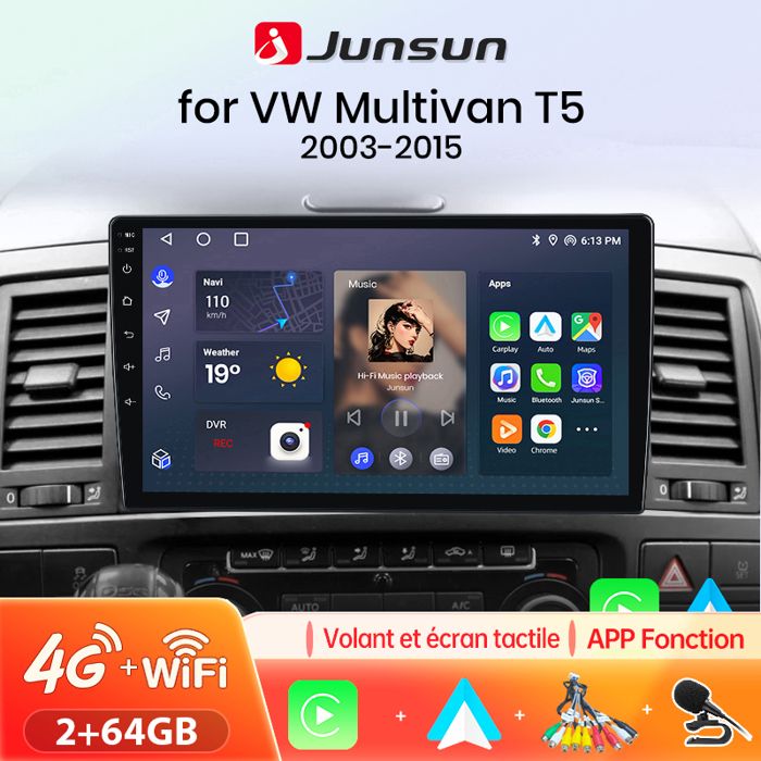 Junsun Autoradio Android auto Carplay【2+64GB】pour VW Multivan T5, 2003 ...