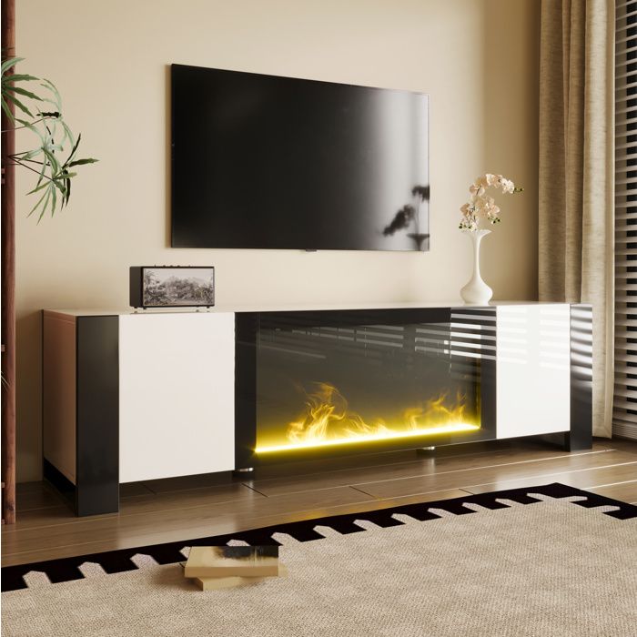Meuble TV,2 portes,effet de flamme décoratif,laqué brillant,165 x 32 x ...