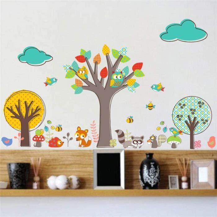 Stickers Muraux Coloré Forêt Arbre Jungle Animaux Hiboux Stickers ...