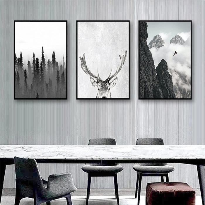 Noir Blanc Paysage Mur Art Prints Forêt Cerf Aigle Peinture Minimaliste ...