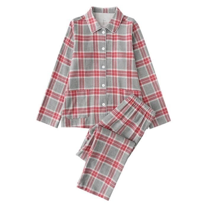Pyjama Femme Plaid Carreau en Coton Couleur Unie Chemise de Nuit ...