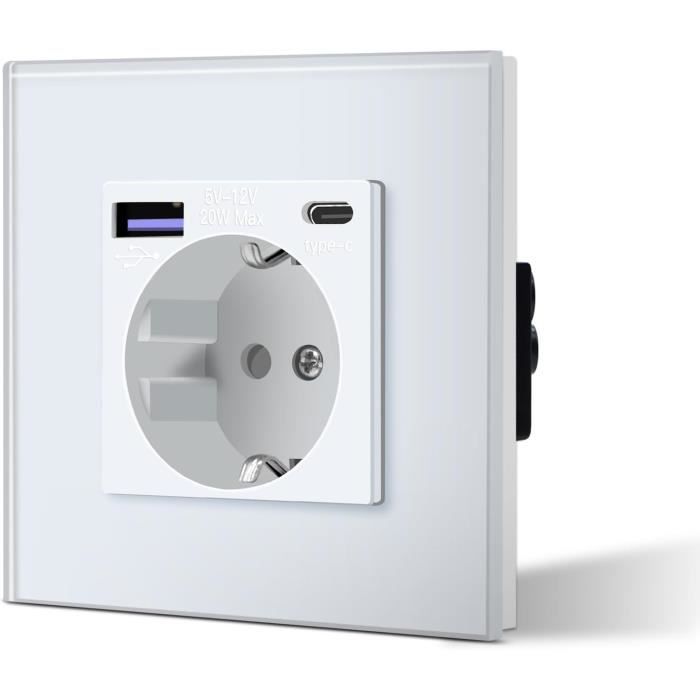 Prise murale Schuko avec chargeur rapide USB 20 W et type-C en verre ...