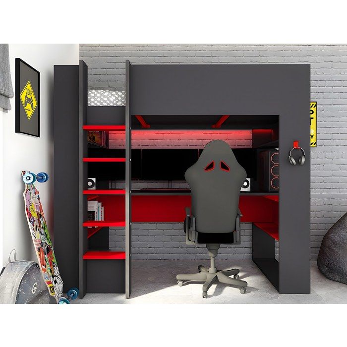 Lit mezzanine gamer NOAH avec bureau et rangements intégrés - 90 x 200 ...