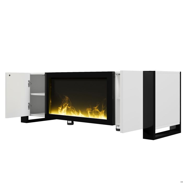 Meuble TV,2 portes,effet de flamme décoratif,laqué brillant,165 x 32 x ...