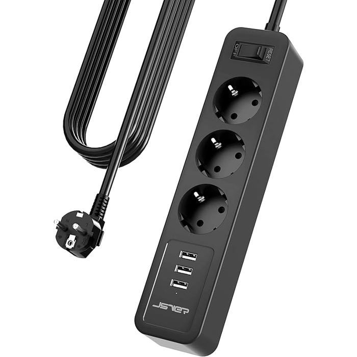 JSVER 3-Way USB Power Strip with 3 USB Ports Travel Charger Electric ...