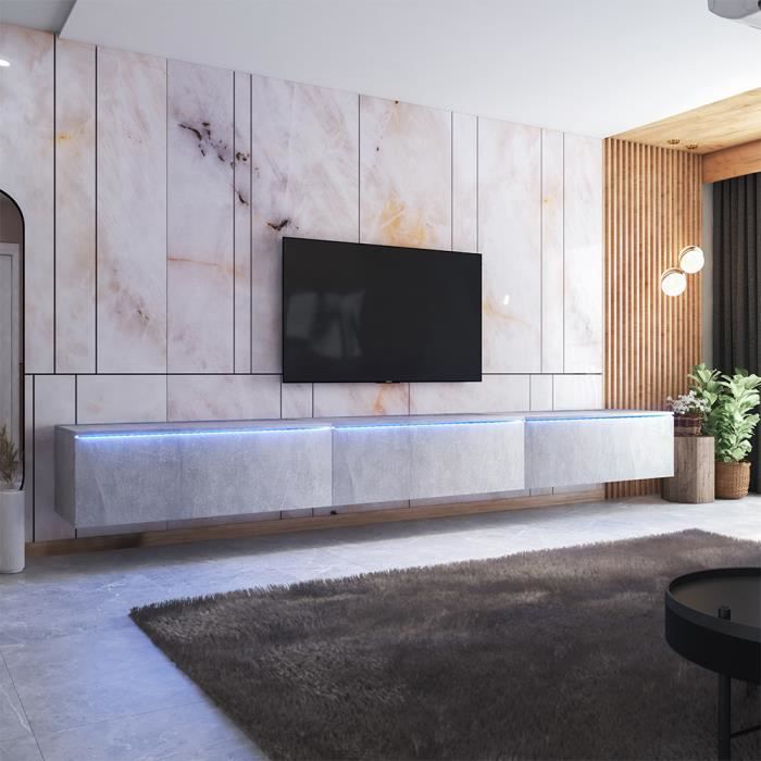 Meuble TV - SKYLARA - 300 cm - béton - style moderne - avec LED ...