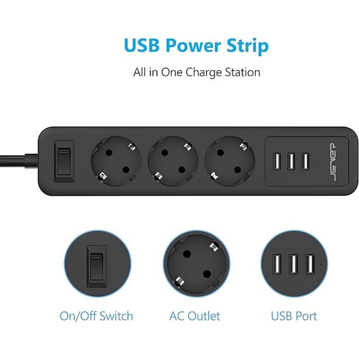JSVER 3-Way USB Power Strip with 3 USB Ports Travel Charger Electric ...
